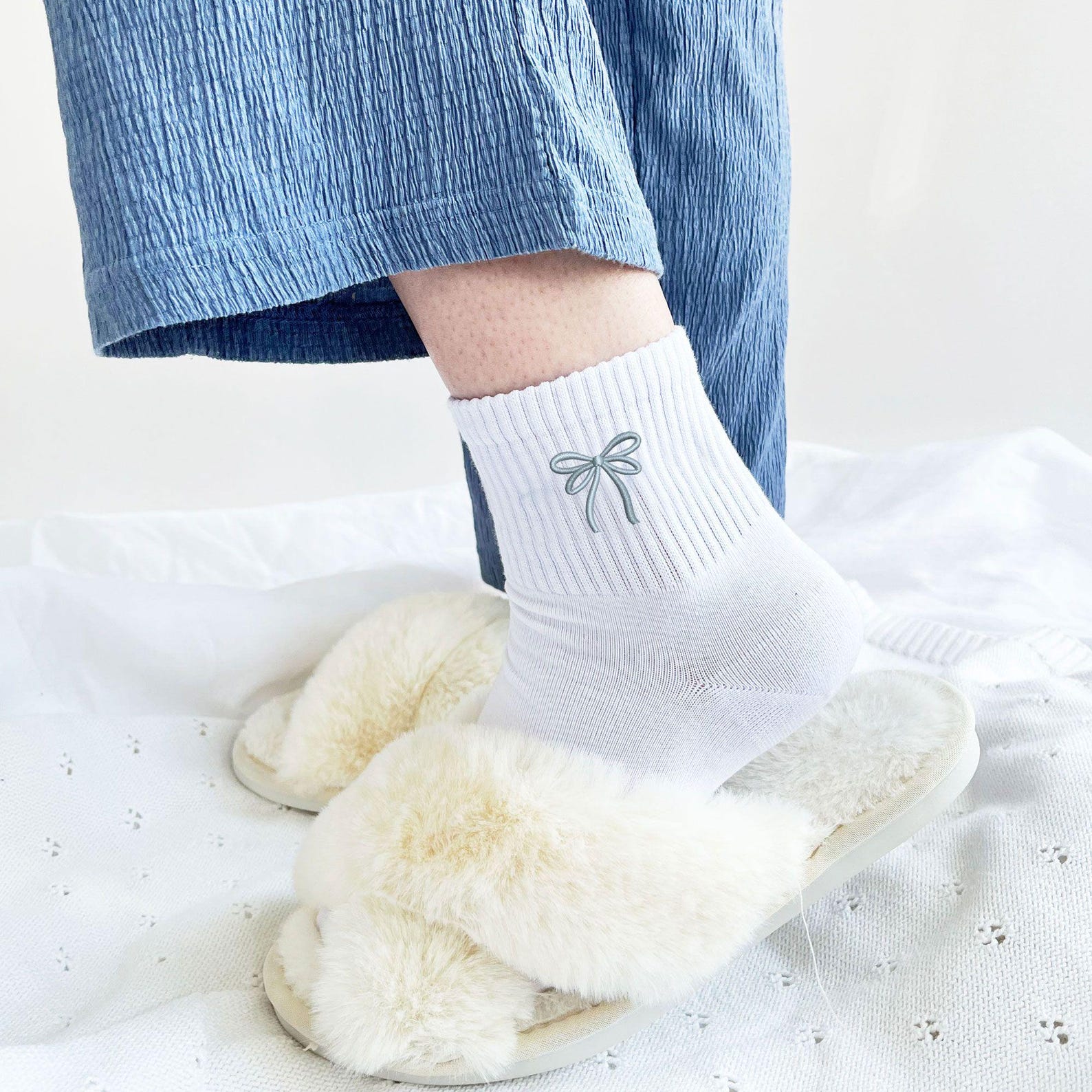 Coquette Double Loop Bow Embroidered Crew Socks | Gift for Her ...