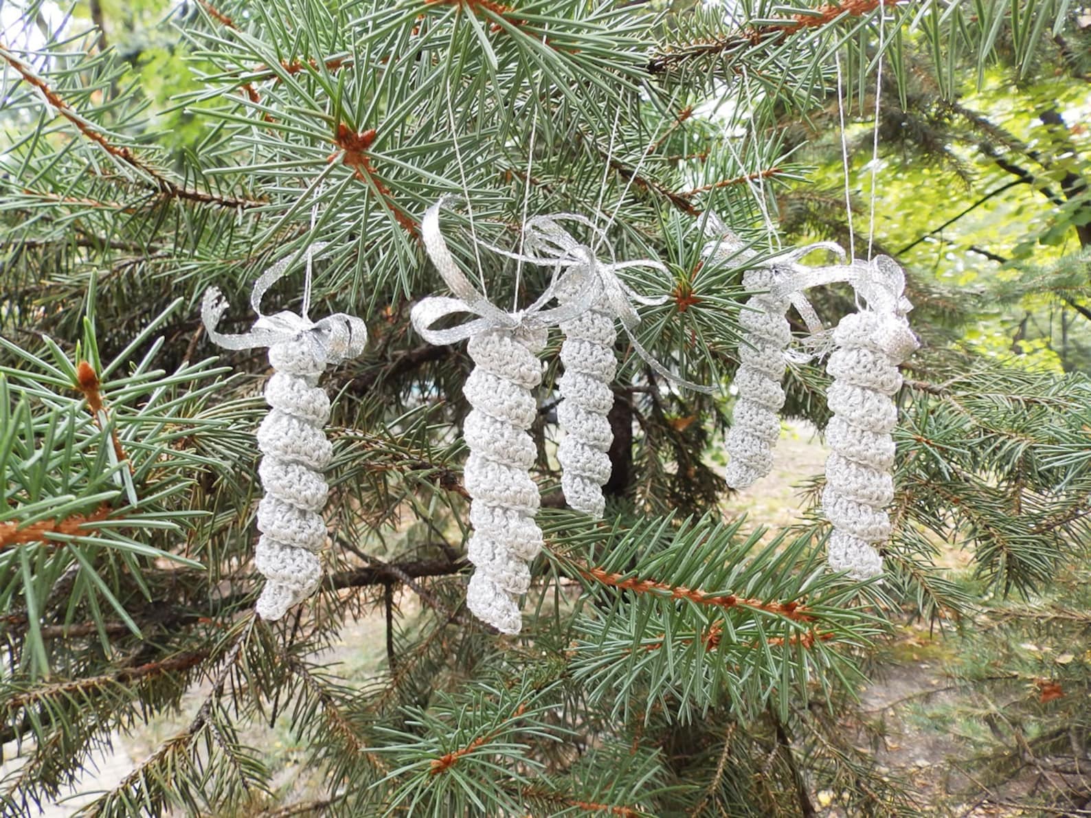 5 Crochet Silver Christmas Ornaments, Crochet Icicles Home Decor ...