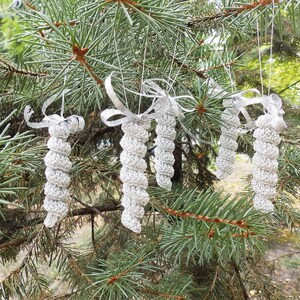 5 Crochet Silver Christmas Ornaments, Crochet Icicles Home Decor ...