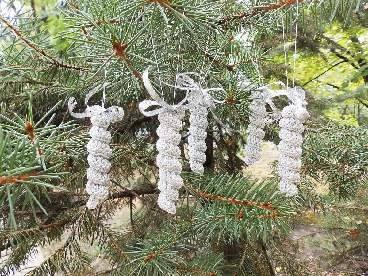 5 Crochet Silver Christmas Ornaments, Crochet Icicles Home Decor ...
