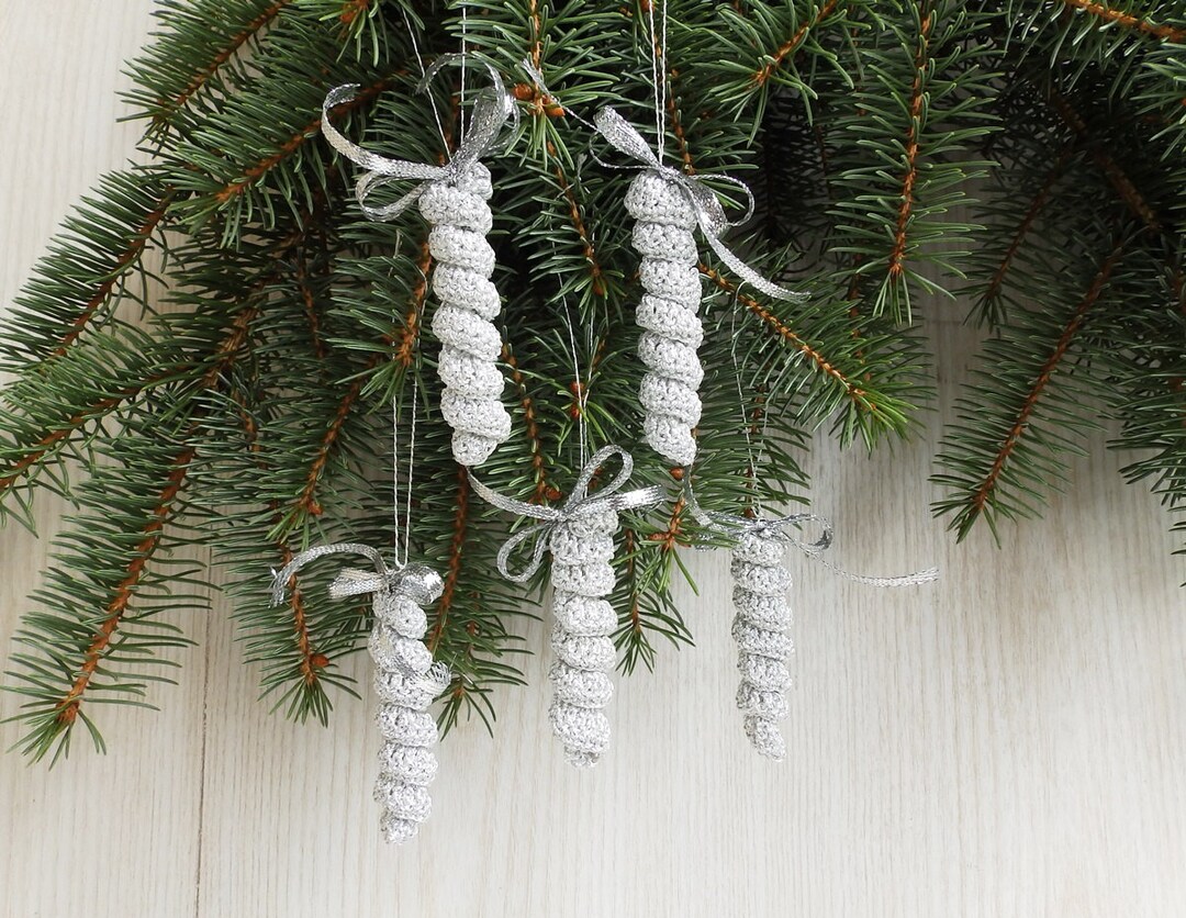 5 Crochet Silver Christmas Ornaments, Crochet Icicles Home Decor ...