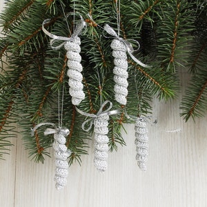 5 Crochet Silver Christmas Ornaments, Crochet Icicles Home Decor ...
