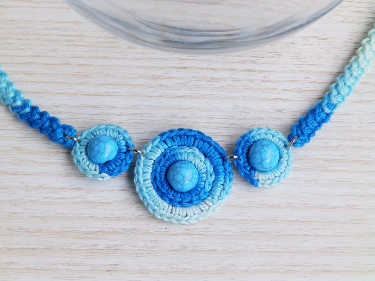 Turquoise Blue Cotton Crochet Necklace, Handmade Textile Jewelry, Fiber ...
