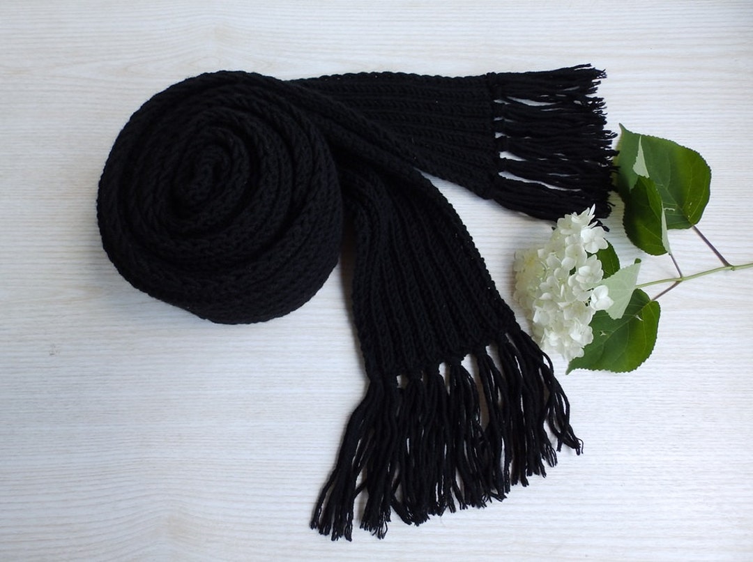Black Hand Knitted Extra Long Unisex Wool Winter Soft Scarf With ...
