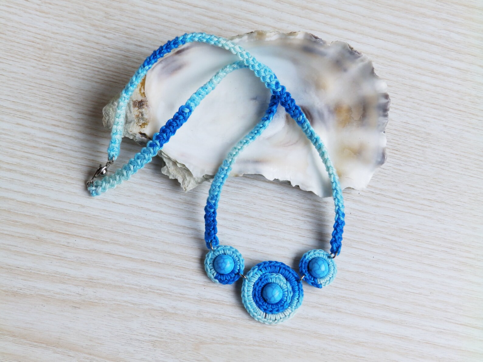 Turquoise Blue Cotton Crochet Necklace, Handmade Textile Jewelry, Fiber ...