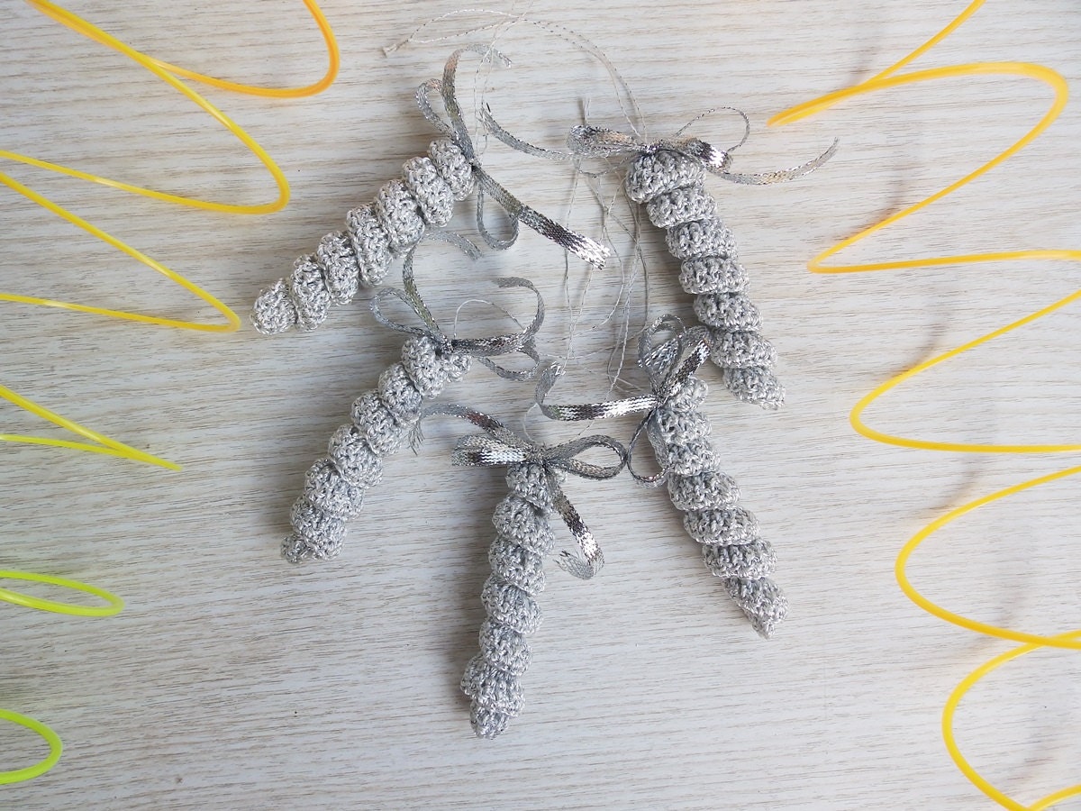 5 Crochet Silver Christmas Ornaments, Crochet Icicles Home Decor ...
