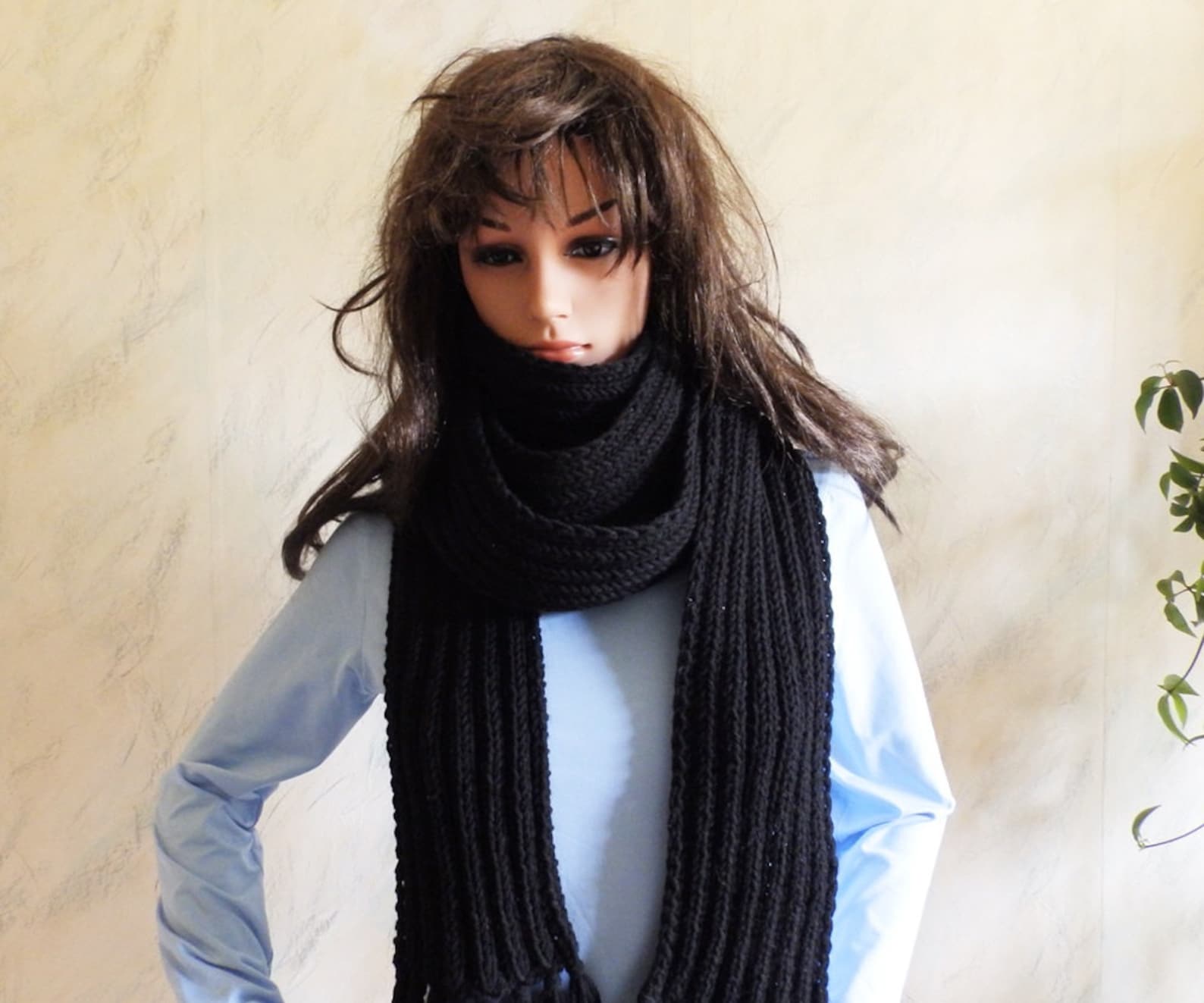 Black Hand Knitted Extra Long Unisex Wool Winter Soft Scarf With ...
