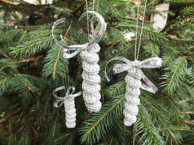 5 Crochet Silver Christmas Ornaments, Crochet Icicles Home Decor ...