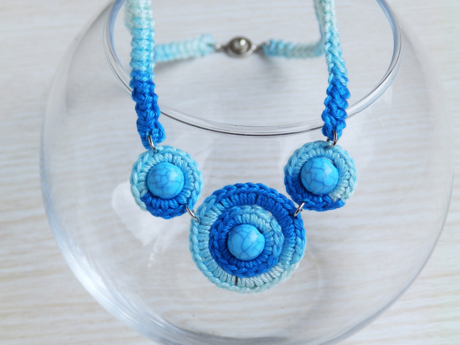 Turquoise Blue Cotton Crochet Necklace, Handmade Textile Jewelry, Fiber ...