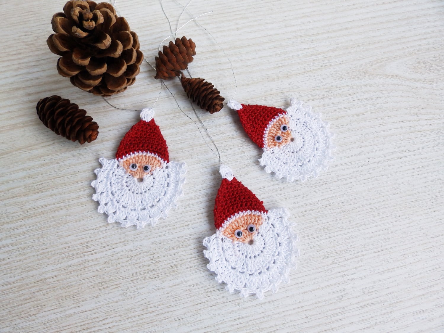 Crochet Santa Claus Face, Crochet Christmas Ornament Set of 3, Handmade ...
