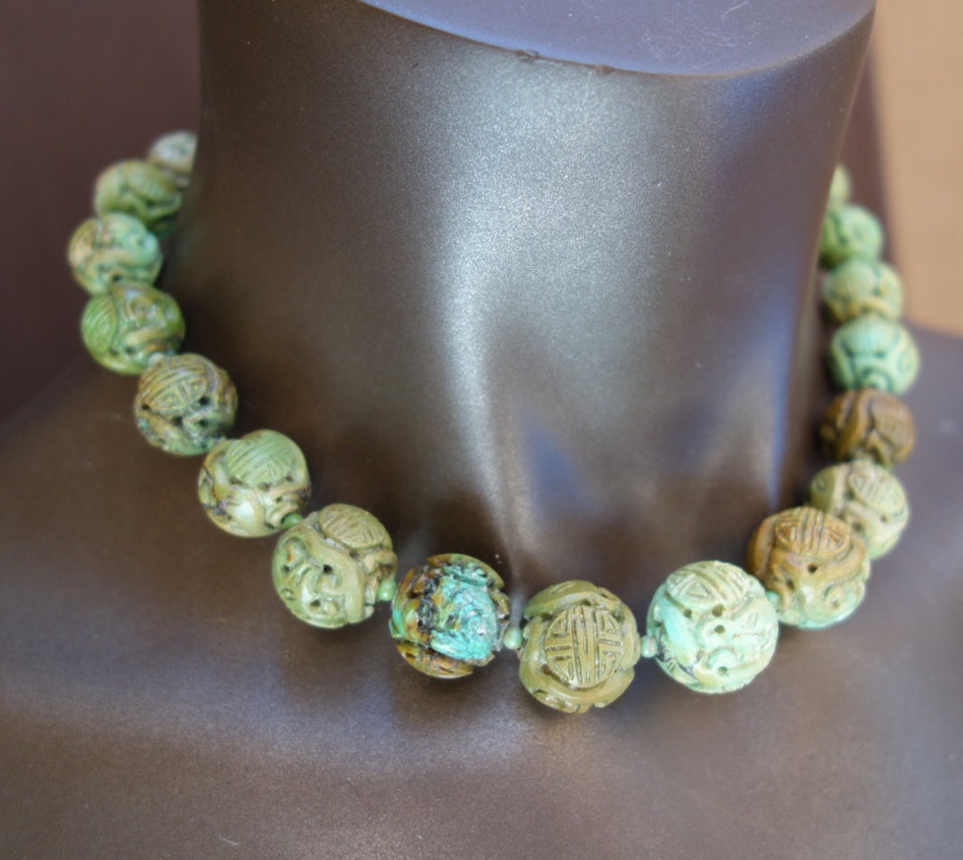 Genuine Green Carved Turquoise Necklace/hubei/sterling Silver Beads and ...