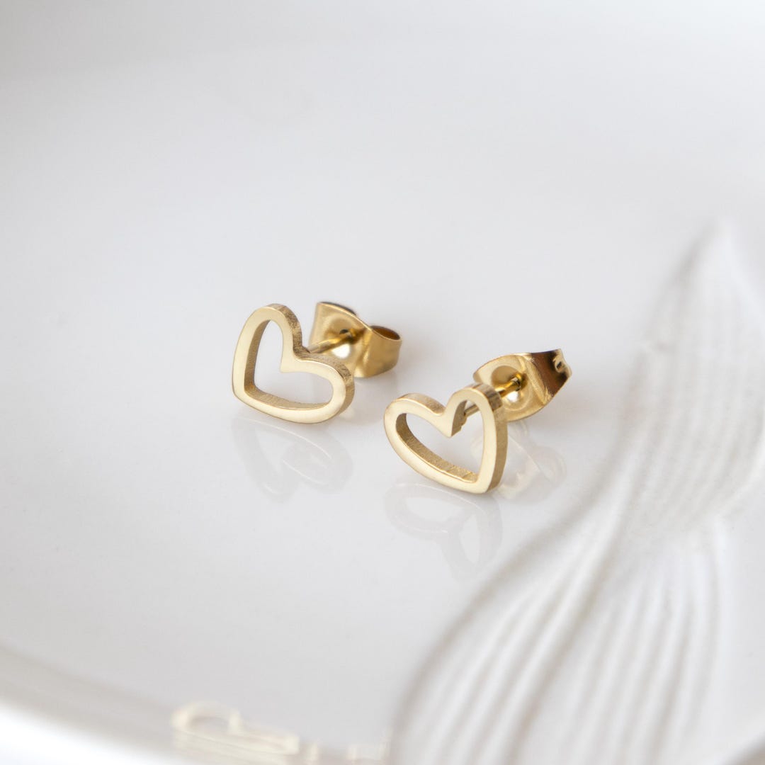 Tiny Gold Heart Earrings, Small Open Heart Earrings, Heart Shaped Studs ...
