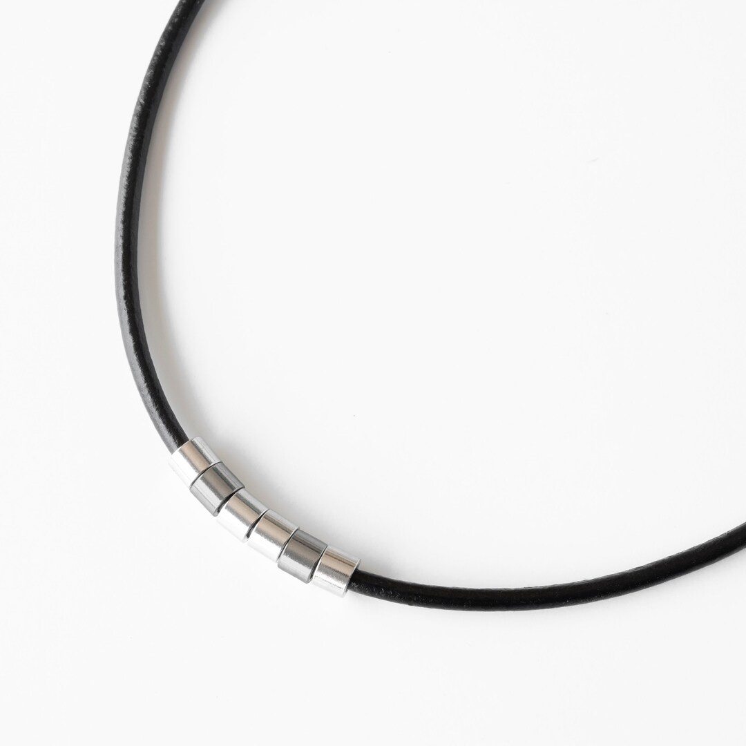 Men Boho Choker Necklace, Short Black Leather & Silver Plated Tube ...
