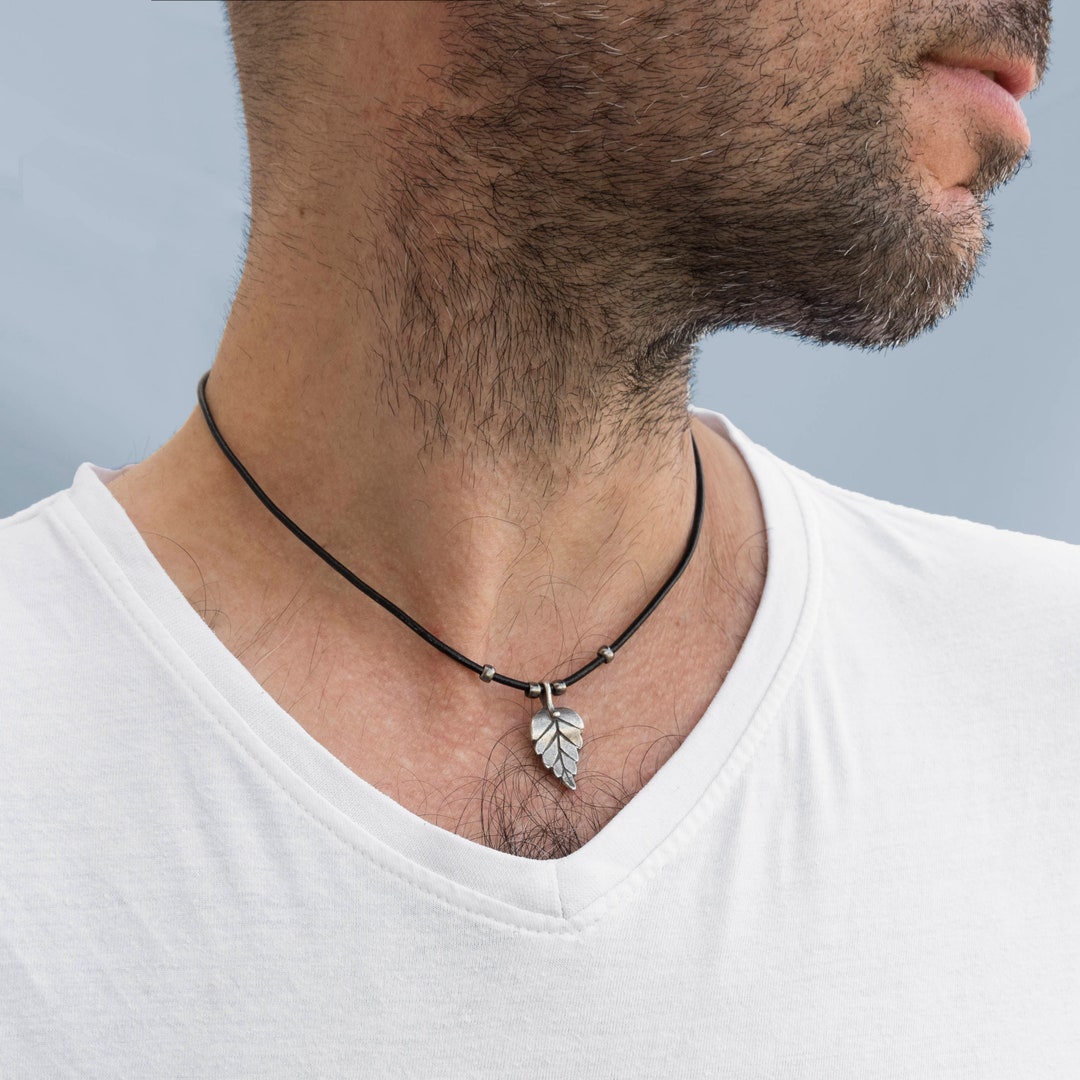 Mens Black Leather Choker Necklace, Men Short Leaf Necklace, Black and ...