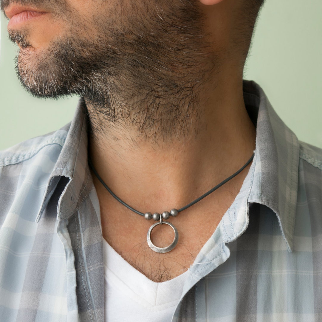 Men Leather Choker Necklace, Mens Gray Leather Choker, Mens Geometric ...