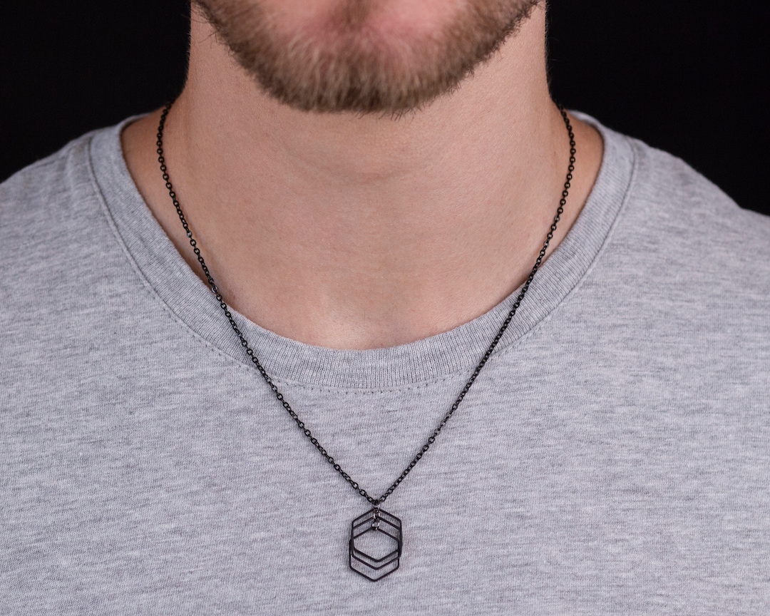 Mens Hexagon Pendant Necklace, Mens Black Chain Necklace, Minimal Style ...