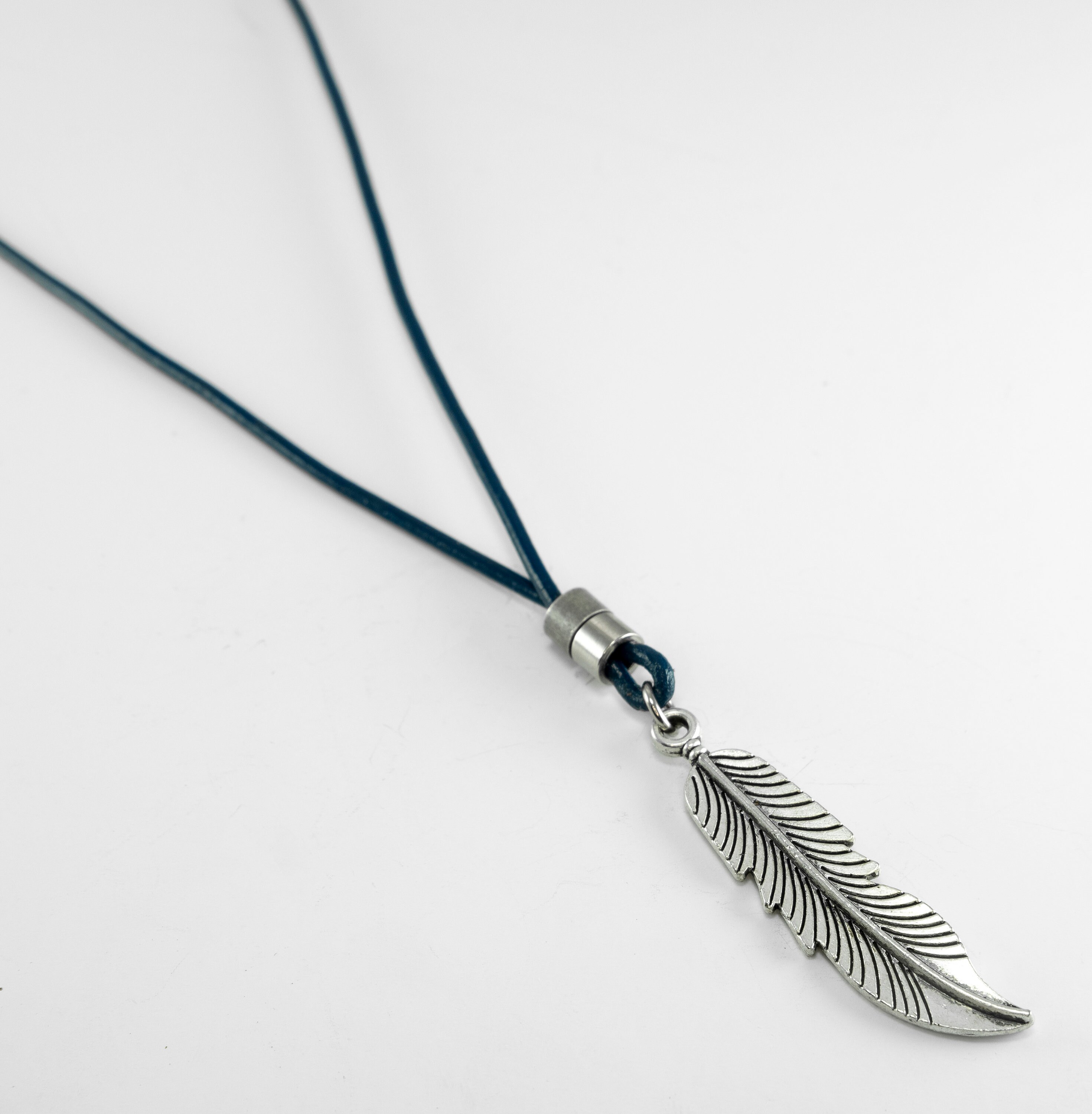 Men Long Necklace, Mens Feather Pendant Necklace, Mens Silver & Leather ...