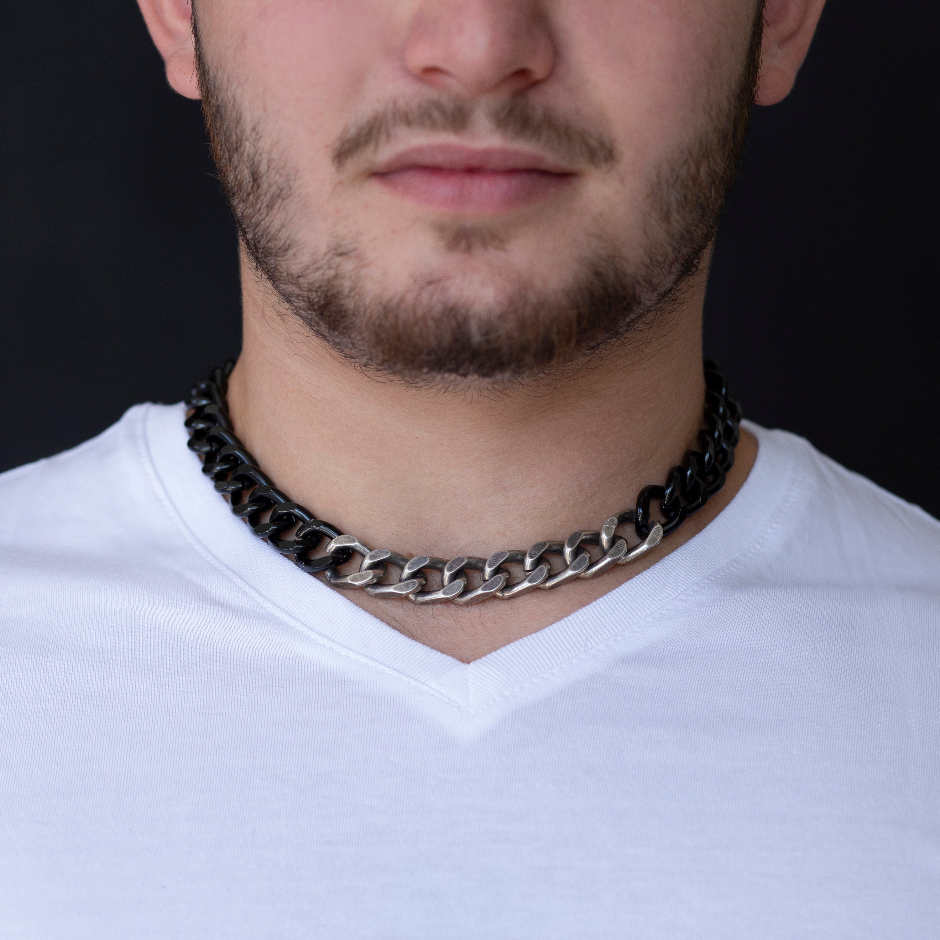 Men's Necklace - Men's Chain Necklace - Men's Silver & Black Necklace ...