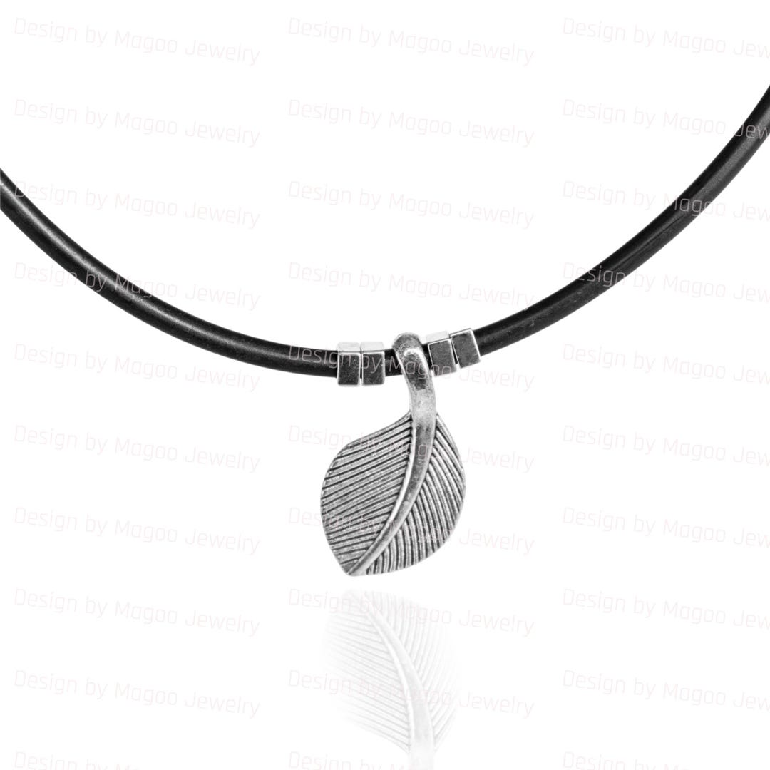 Mens Vegan Leaf Pendant Choker, Handmade Black Vegan Silicon and Silver ...