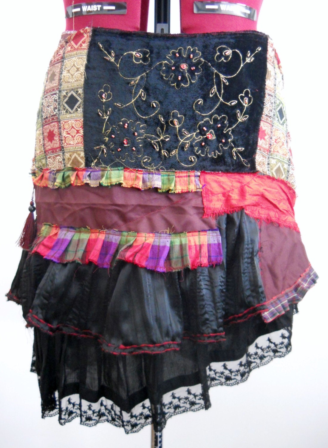 Art to Wear Handmade Skirt Red Patchwork & Satin Skirt Gothic Bohemian ...