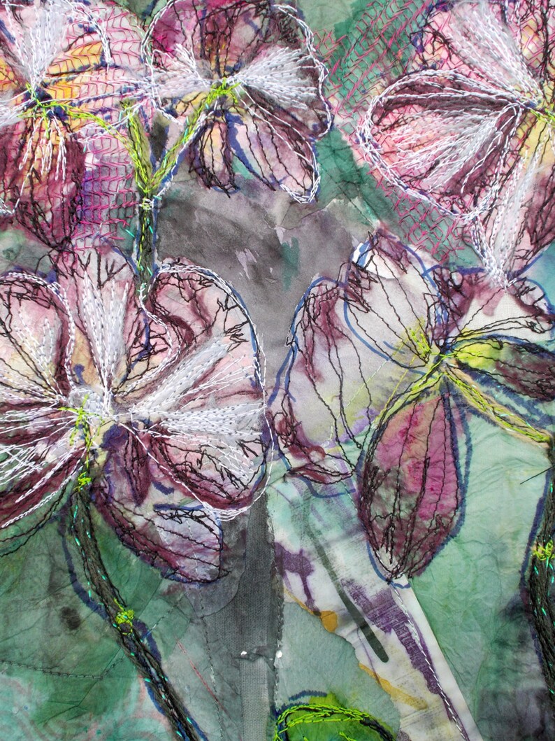 Mixed Media Collage Pink Orchid Wall Art Embroidery Mothers Day Easter ...