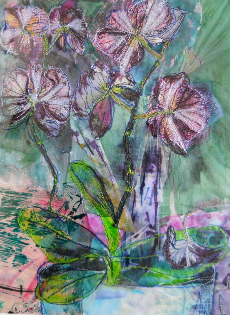 Mixed Media Collage Pink Orchid Wall Art Embroidery Mothers Day Easter ...