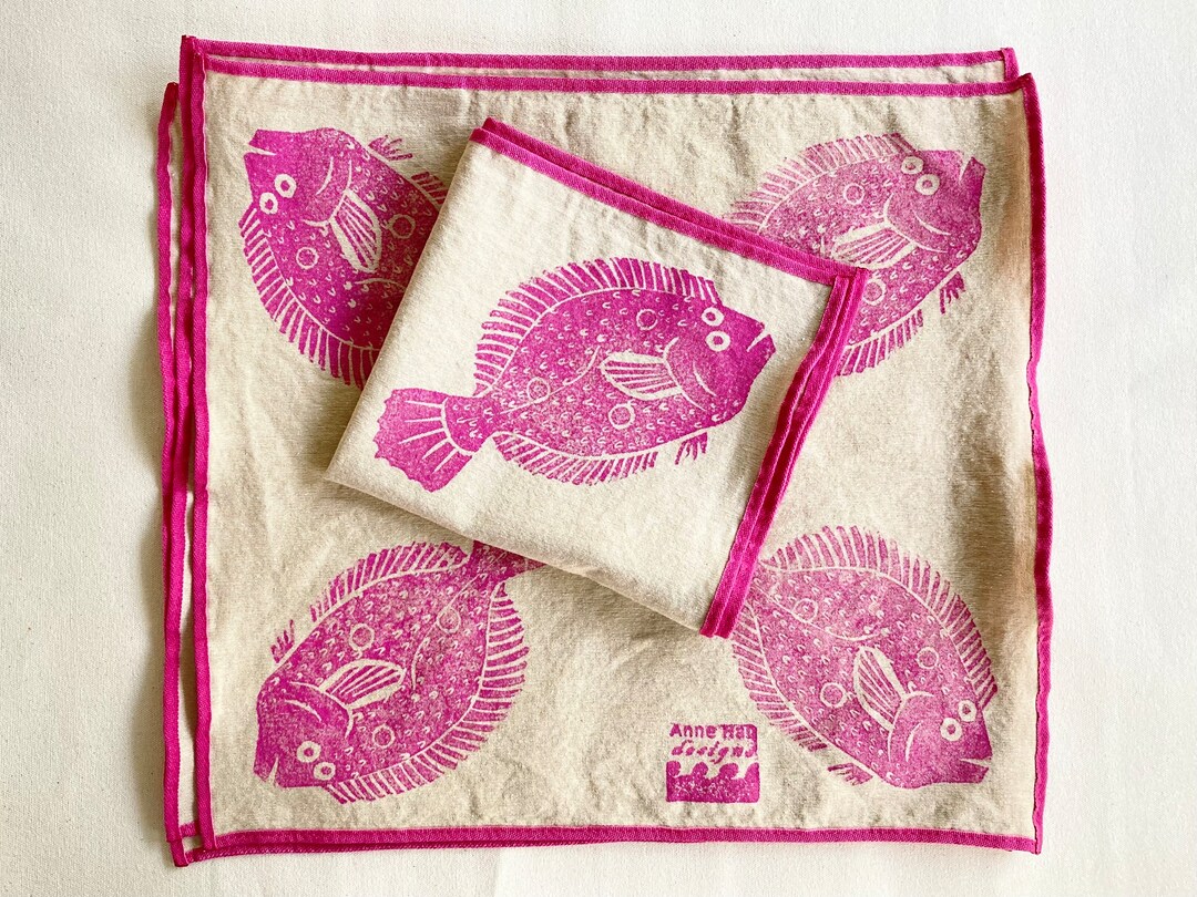 Pink Flounder Fish Napkins / Cotton Jute With Pink Trim / Set of 4 - Etsy