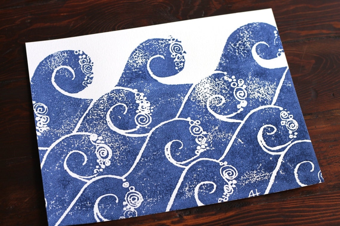 Waves Art Print Hand-carved & Printed Waves 11 X 14 Inches | Etsy
