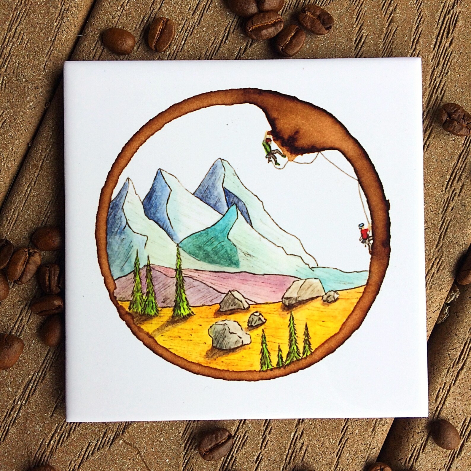 Tile Coaster Climbers Rock Climbing Mountain Art Home and | Etsy