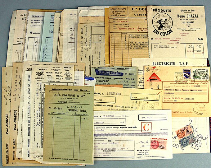 1950 60s Vintage French Ephemera Pack, Bundle of 40 Pieces, Invoices ...