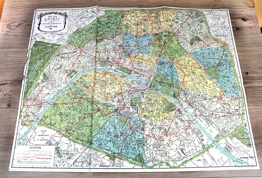 Antique Map of Paris (1900s) With the 20 Arrondissements, Au Louvre ...