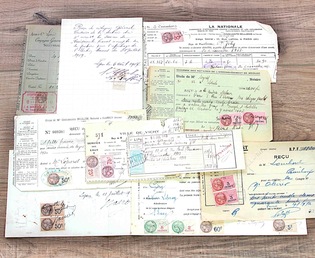 Antique Set of 10 French Receipts With Revenue Stamps, France, 1900-30s ...