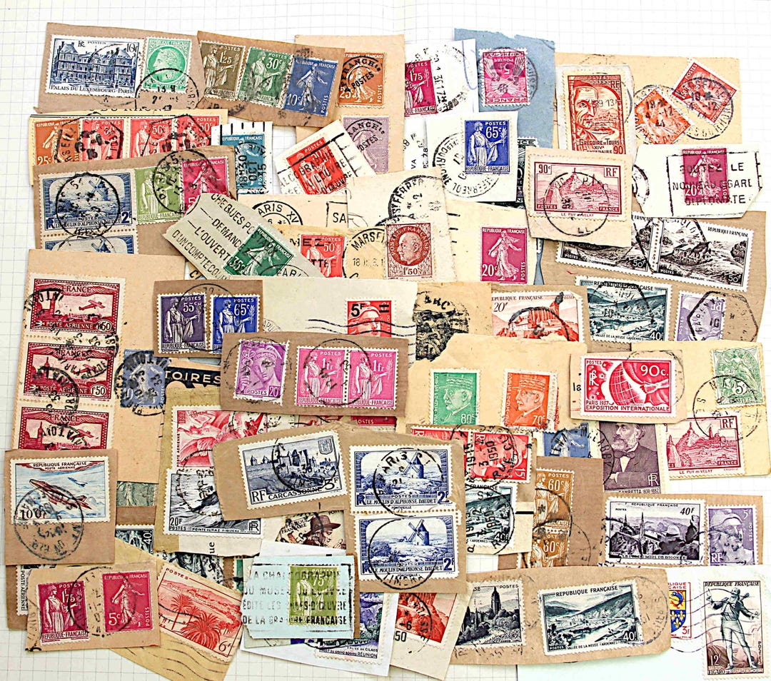 Vintage French Postage Stamps on Pieces of Envelopes, Covers, France ...