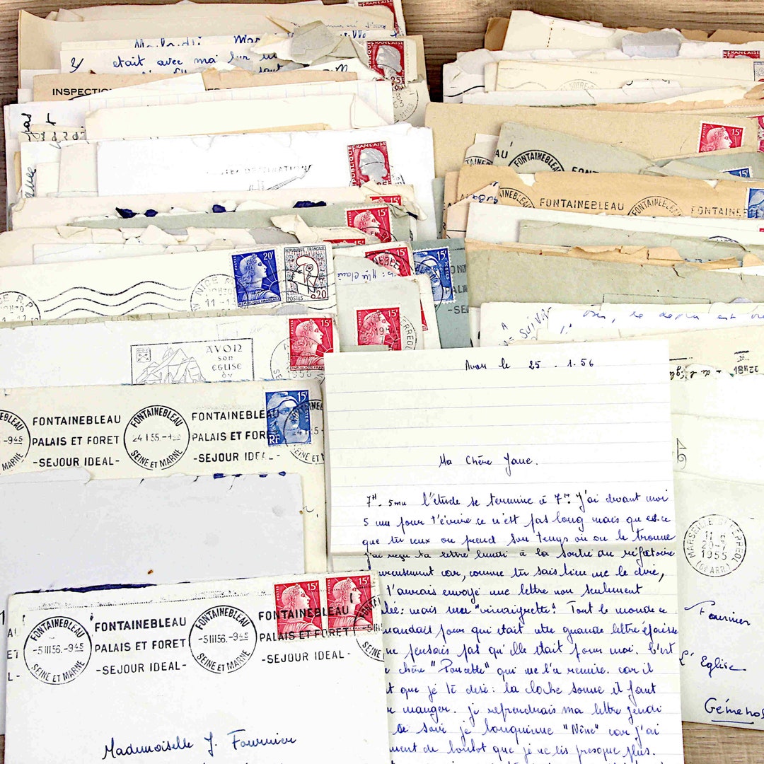 Sets of 10 French 1950s Letters in Envelopes, Bundles of Letters to and ...
