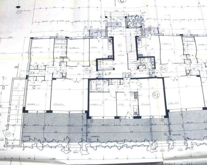 1960s French Vintage Large Architectural Drawing for an Apartment ...