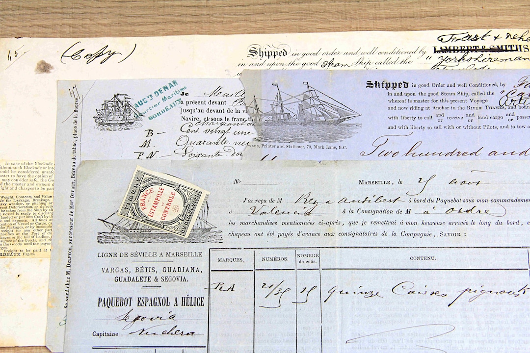 Antique 1800s French Maritime Bill of Lading, Illustrated Documents Set ...