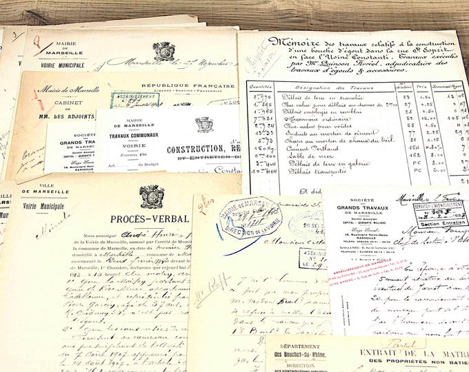 1910s French Public Works Letters, Statements, Invoices, Set of 18 ...