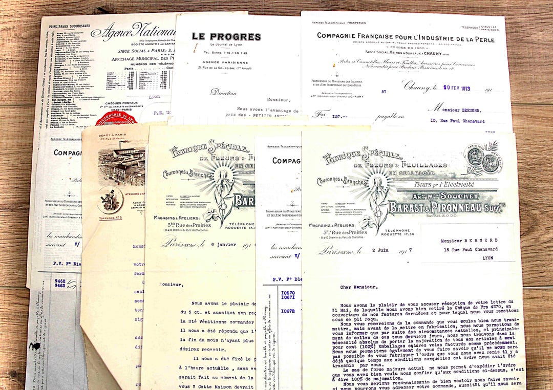 1930s Vintage French Invoices and Letters, Set of 12 Typed Documents ...