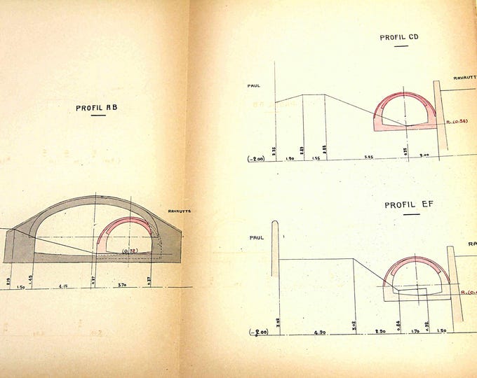 1900s Antique French Architect Designs for Pipes, Set of 5 Maps in a ...