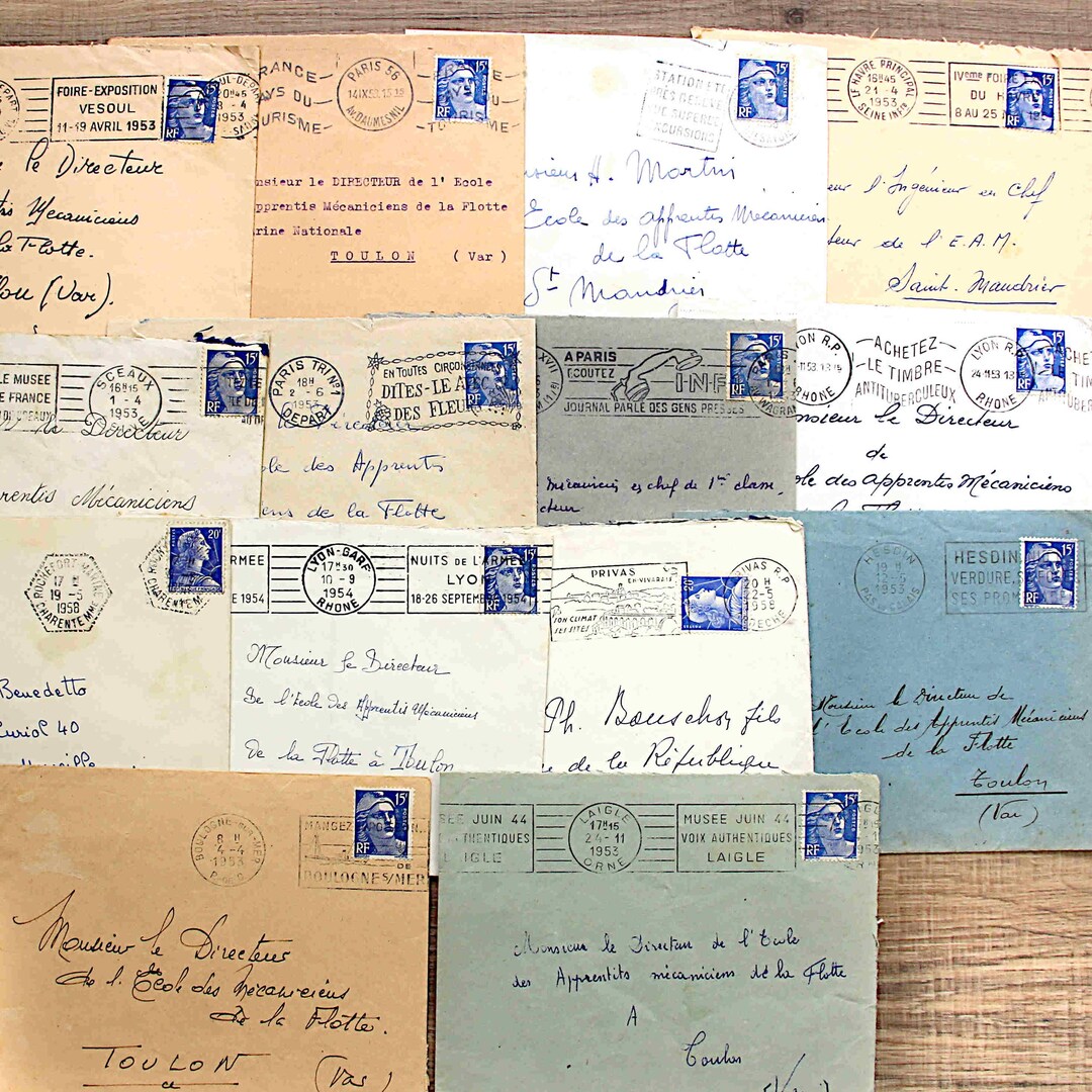 1950s Vintage Set of 12 French Covers, Envelopes, Blue Postage Stamps ...
