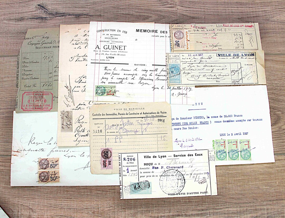 Antique Set of 10 French Receipts With Revenue Stamps, France, 1900-30s ...