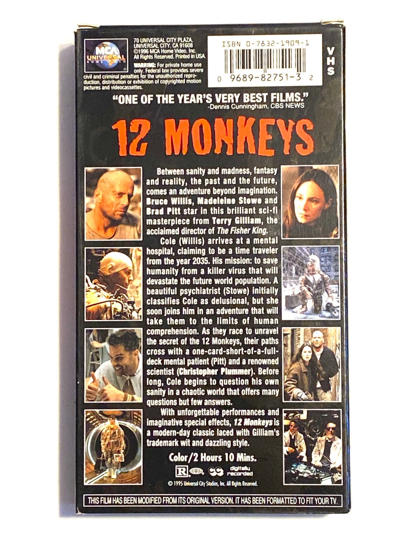 12 Monkeys VHS Cult Classic Sci-fi Thriller Movie Bruce Willis Film Pre ...
