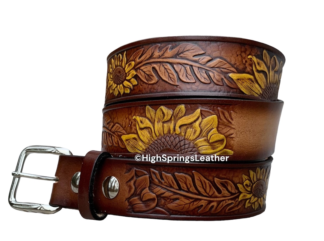 Name Belt - Sunflower Hand Painted Brown Leather Custom Engraved for ...