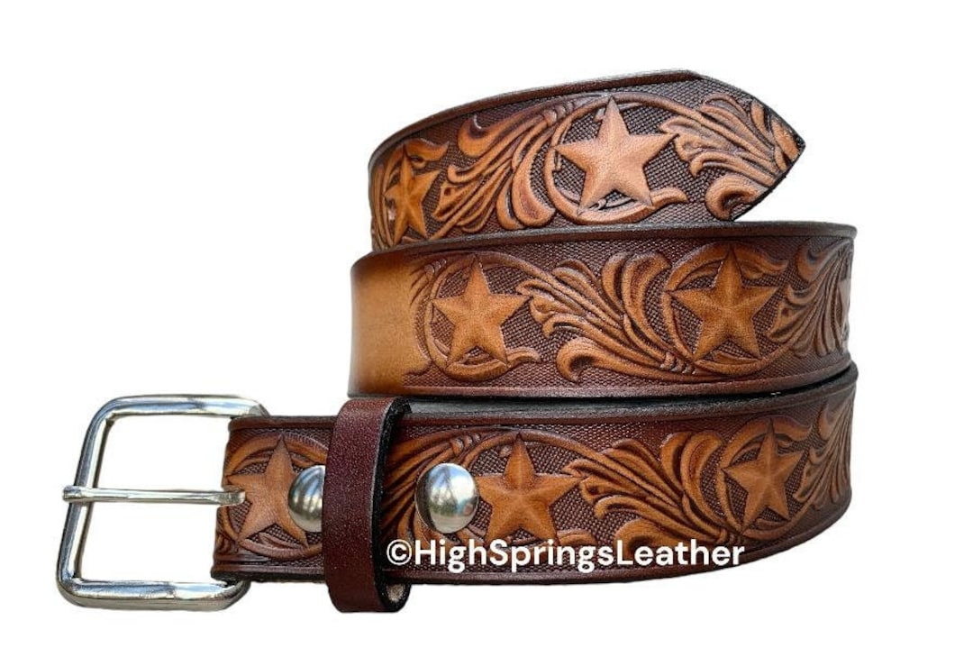 Name Belt - Star Embossed Brown Leather Belt Custom Engraved for Men ...