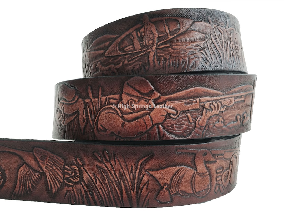 Embossed Duck Hunting Leather Belt - Full Grain Cowhide - Made in USA ...
