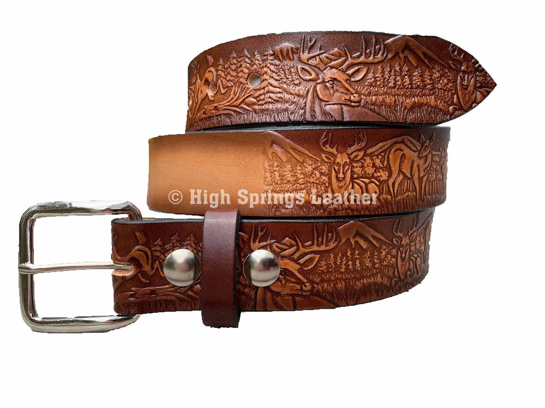 Deer Embossed Brown Leather Belt: Custom Engraved for Men and Women ...