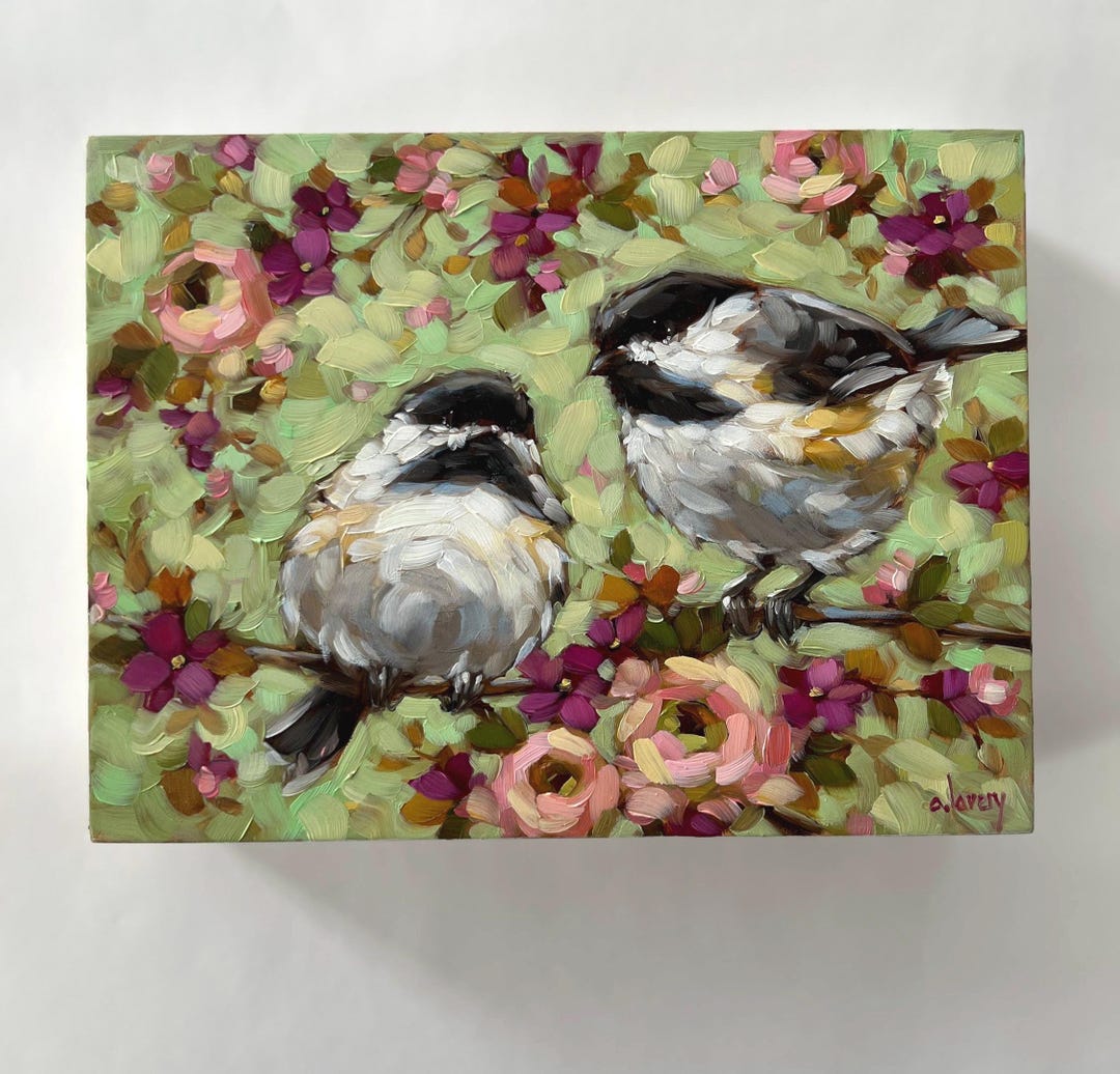 6x8 Chickadee Oil Painting on 1.5 Raised Panel. 'love Blossoms'. note ...