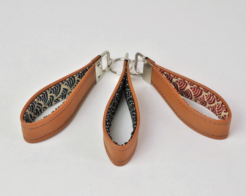Keychain Keyfob Recycled Brown Leather Japanese Wave Oriental - Etsy