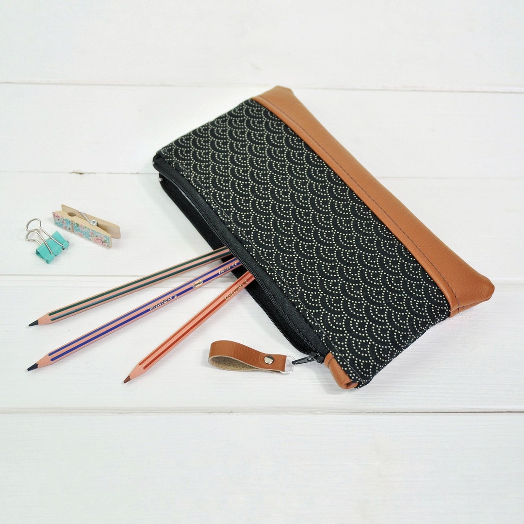 Recycled Leather Pencil Case: Black Japanese Wave Stationery Pouch - Etsy