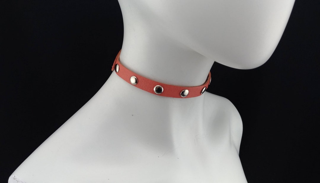 Thin Choker Genuine Leather Small Fashion Choker Collar Salmon Pink ...